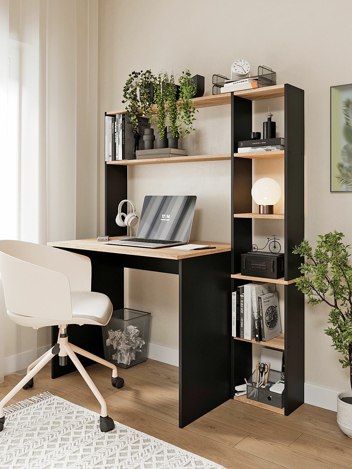 Стол письменный, стол компьютерный со стеллажом, стол для школьника со стеллажом, черный дуб сонома, 120*60*150