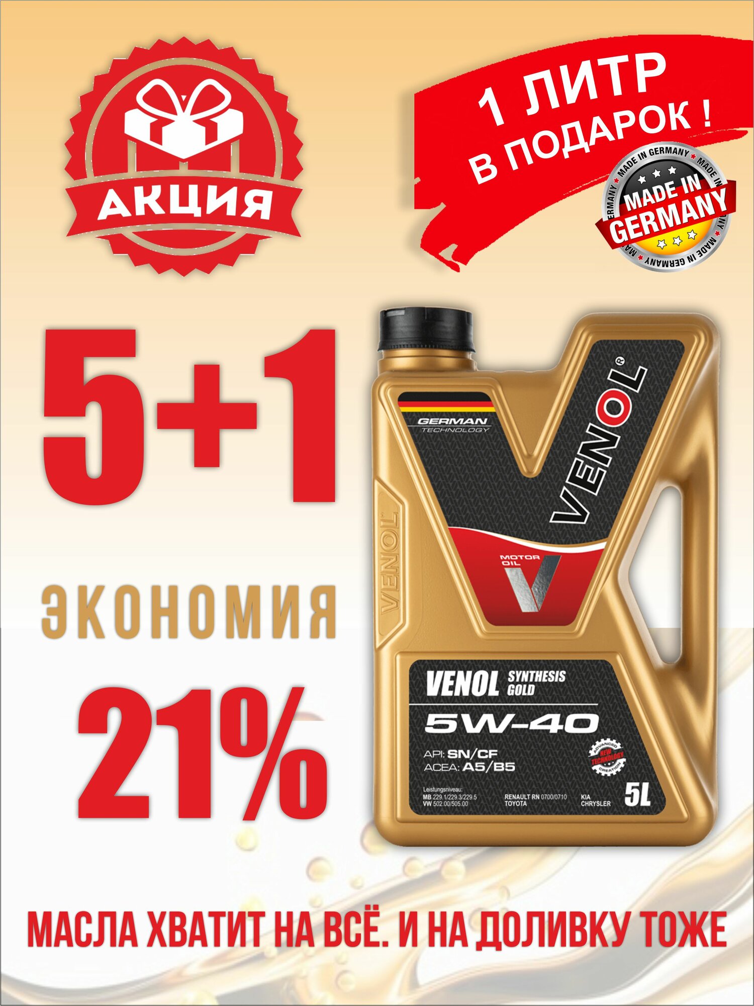 Моторное масло 5W40 SN/CF A5/B5 SYNTHESIS GOLD, 6л (5+1)