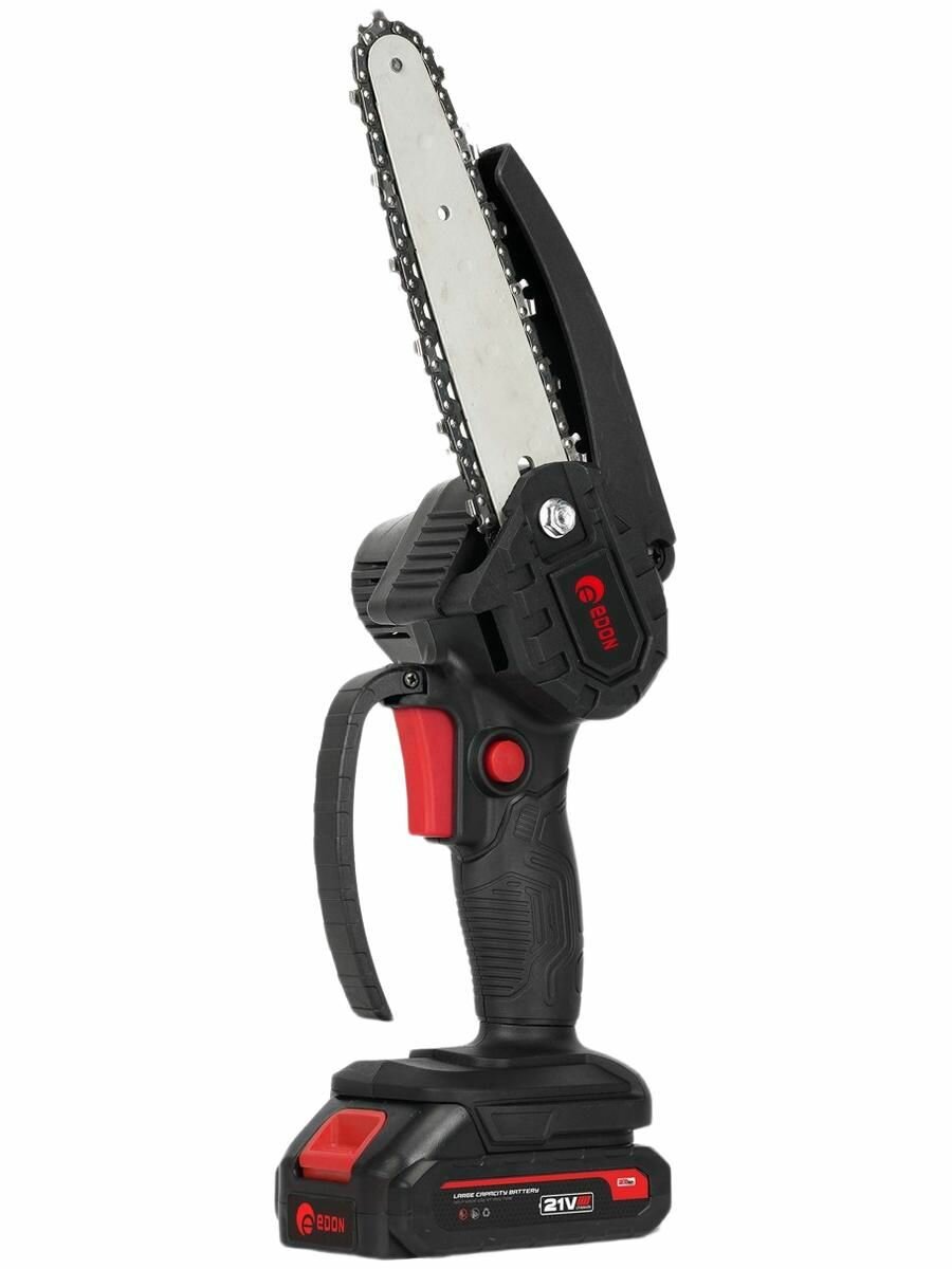 Пила аккумуляторная цепная Edon UNS-21/6D 40617, Бесщеточная, Напряжение аккумулятора 21 В, 2 А*ч, Защитный кожух, Длина пилки 152.4 мм, Красный/Черный