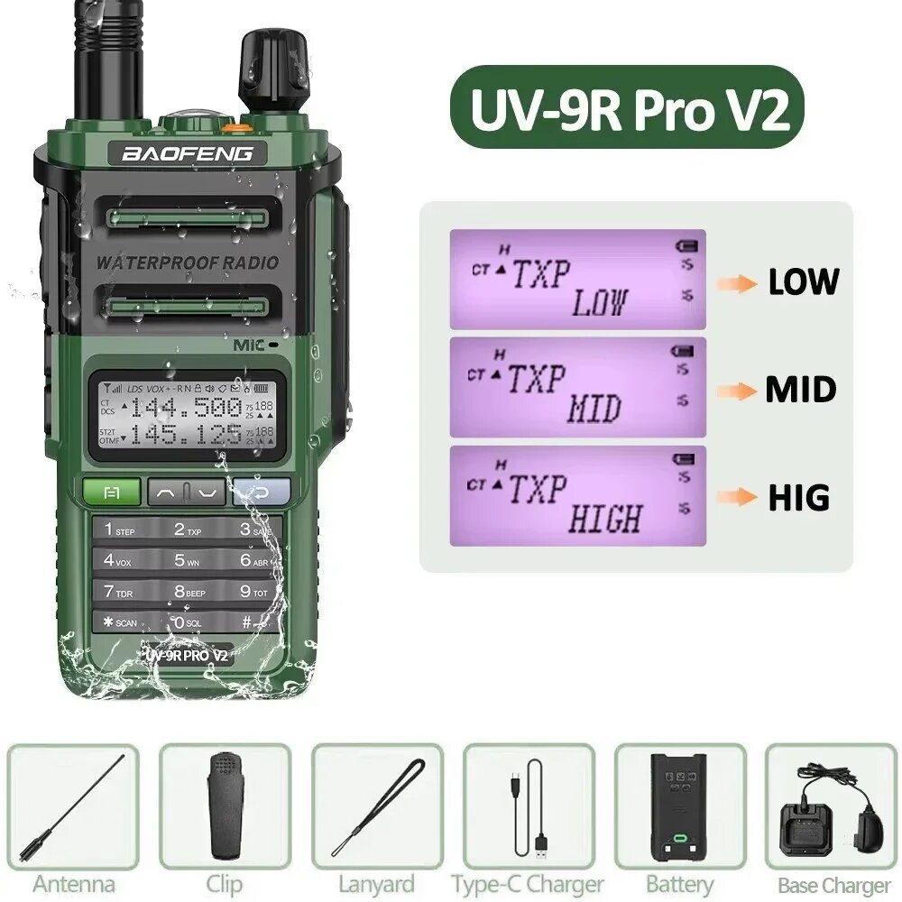 BAOFENG UV-9R Pro V2 двухдиапазонная водонепроницаемая рация USB-разъем, Green