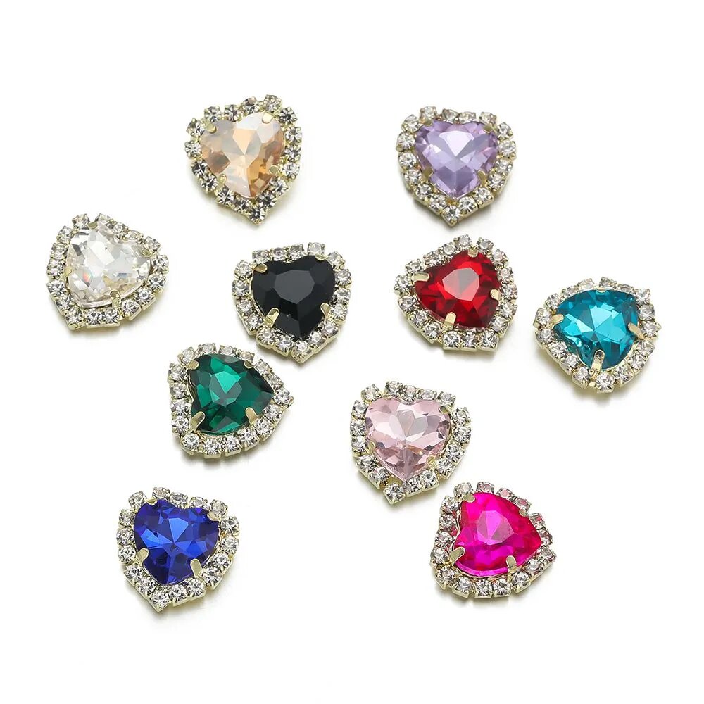 Хрустальные стразы формы "Форма сердца", размер: 14.5х15 мм, 10 шт, пришивные для рукоделия , разноцветный