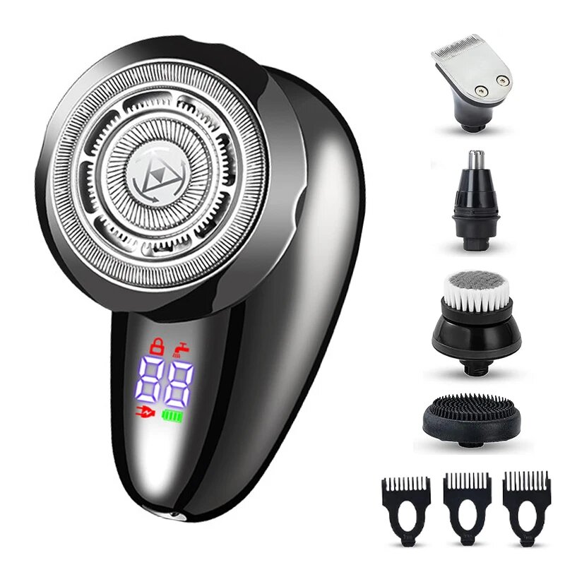Мужская электрическая бритва для головы, аккумуляторная беспроводная бритва для бритья волос для лысины, 5 в 1, водонепроницаемый триммер для влажной и сухой бороды