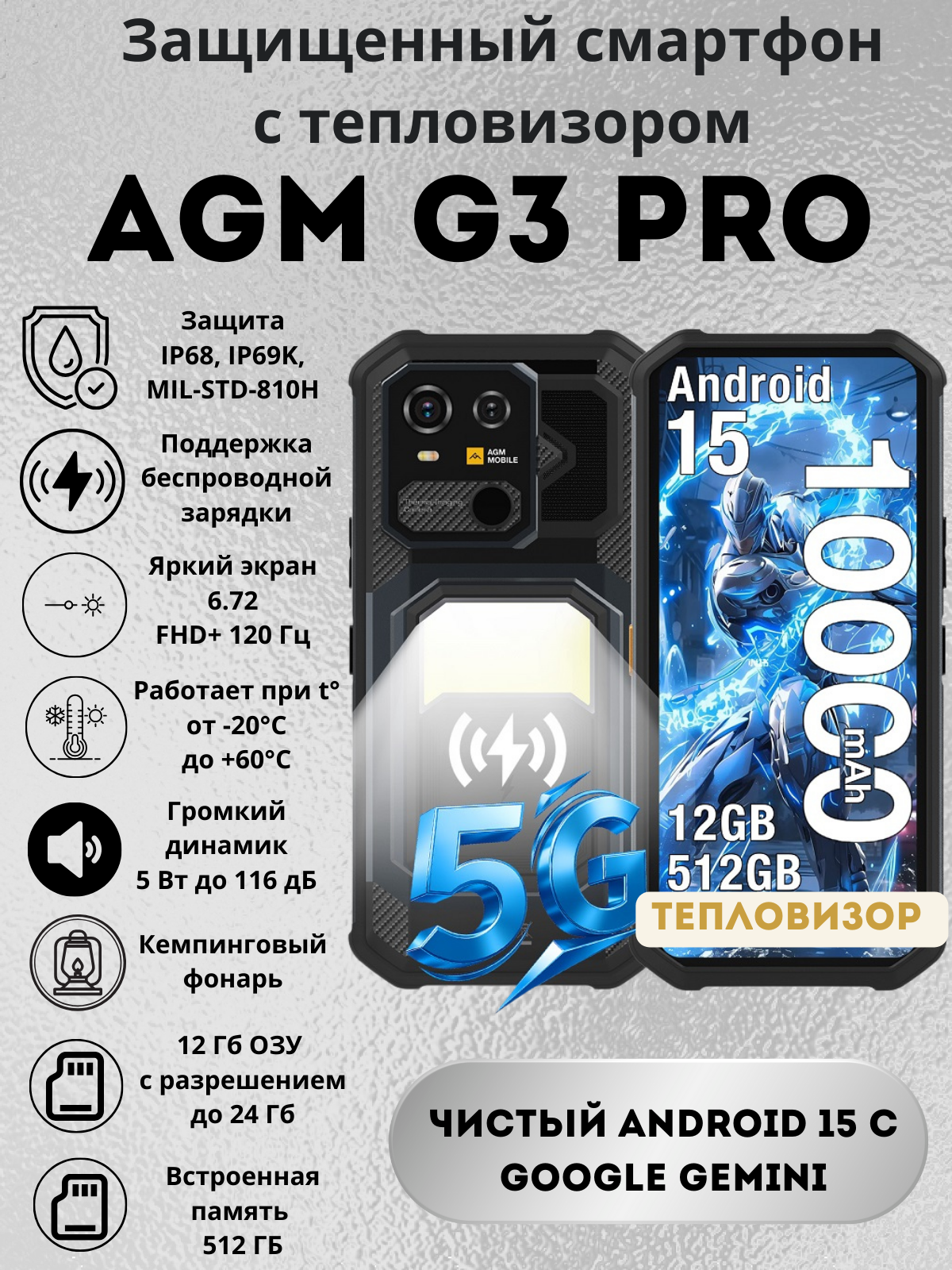 Смартфон AGM G3 Pro 24/512 GB с тепловизором, черный, 10000 мАч