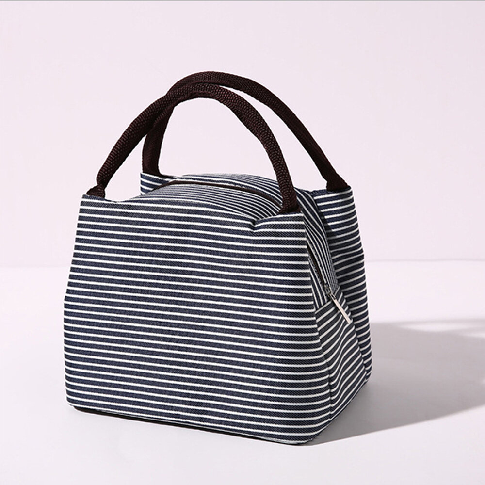 Сумка для обеда Stripe Tote для женщин Large Lunch Box утепленная многоразовая тепловая термосумка для работы пикника путешествий кемпинга, цвет: синий / хакки / коричневый / черный / темно-синий / красный / розовый, размер: 23 * 15 * 16 см / 9.1 * 5.9 *