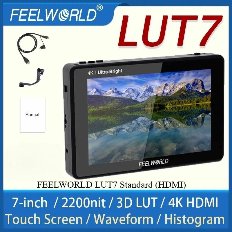Монитор директора HD-зеркальной камеры FEELWORLD LUT7 Standard (HDMI) 7 дюймов/7"monitor, Переносной 2200nits 3D LUT Сенсорный экран DSLR камеры Полевой монитор 4K HDMI Монитор на камере