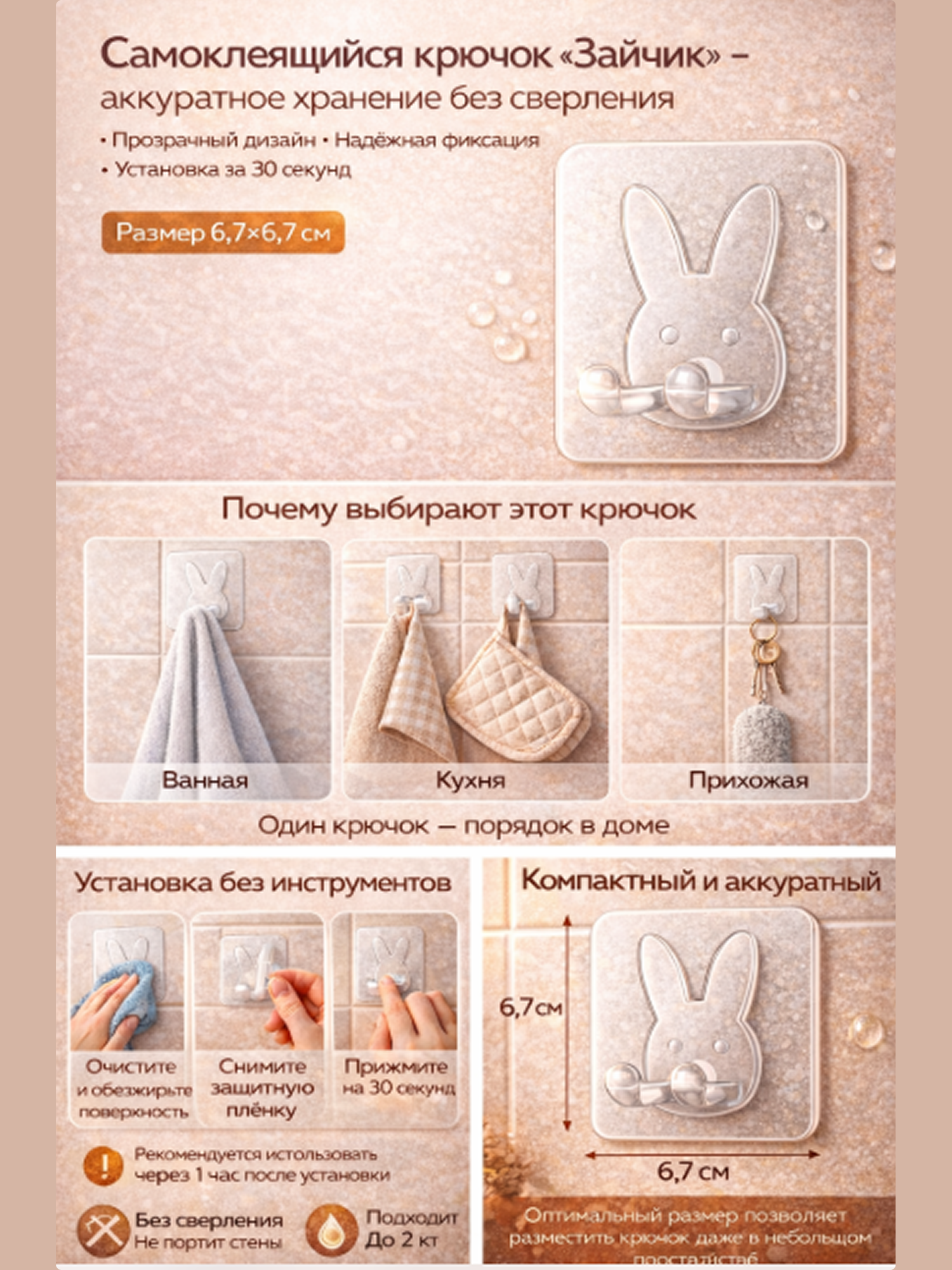 Крючок держатель самоклеящийся настенный для полотенец, одежды, ключей, бритвы, проводов в ванную комнату и кухню, 2шт