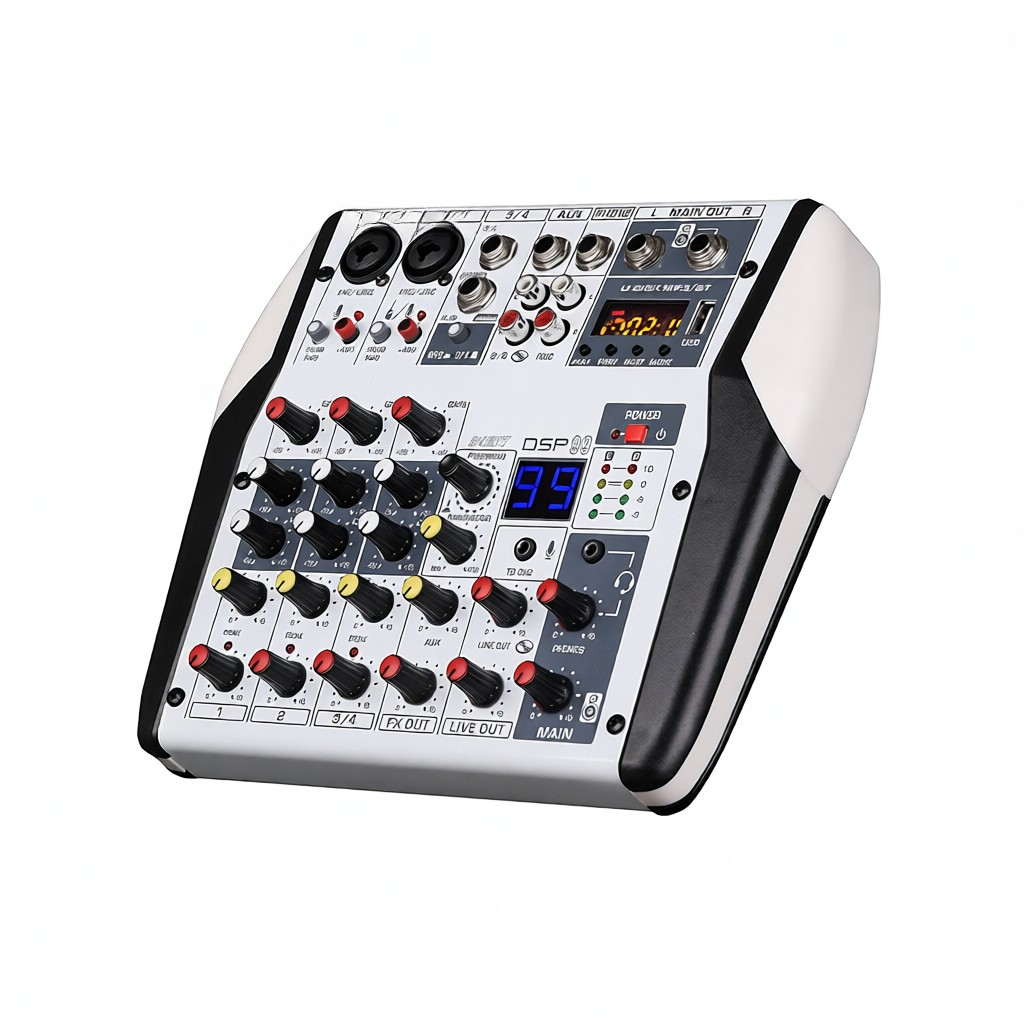 BOMGE 6 Channel DJ Audio Sound Mixer Soundboard Stereo Recording MP3 USB BT Input 48V Phantom Power 99 DSP Processor Large Screen Switch Indication DJ Mixer Board Desktop Karaoke