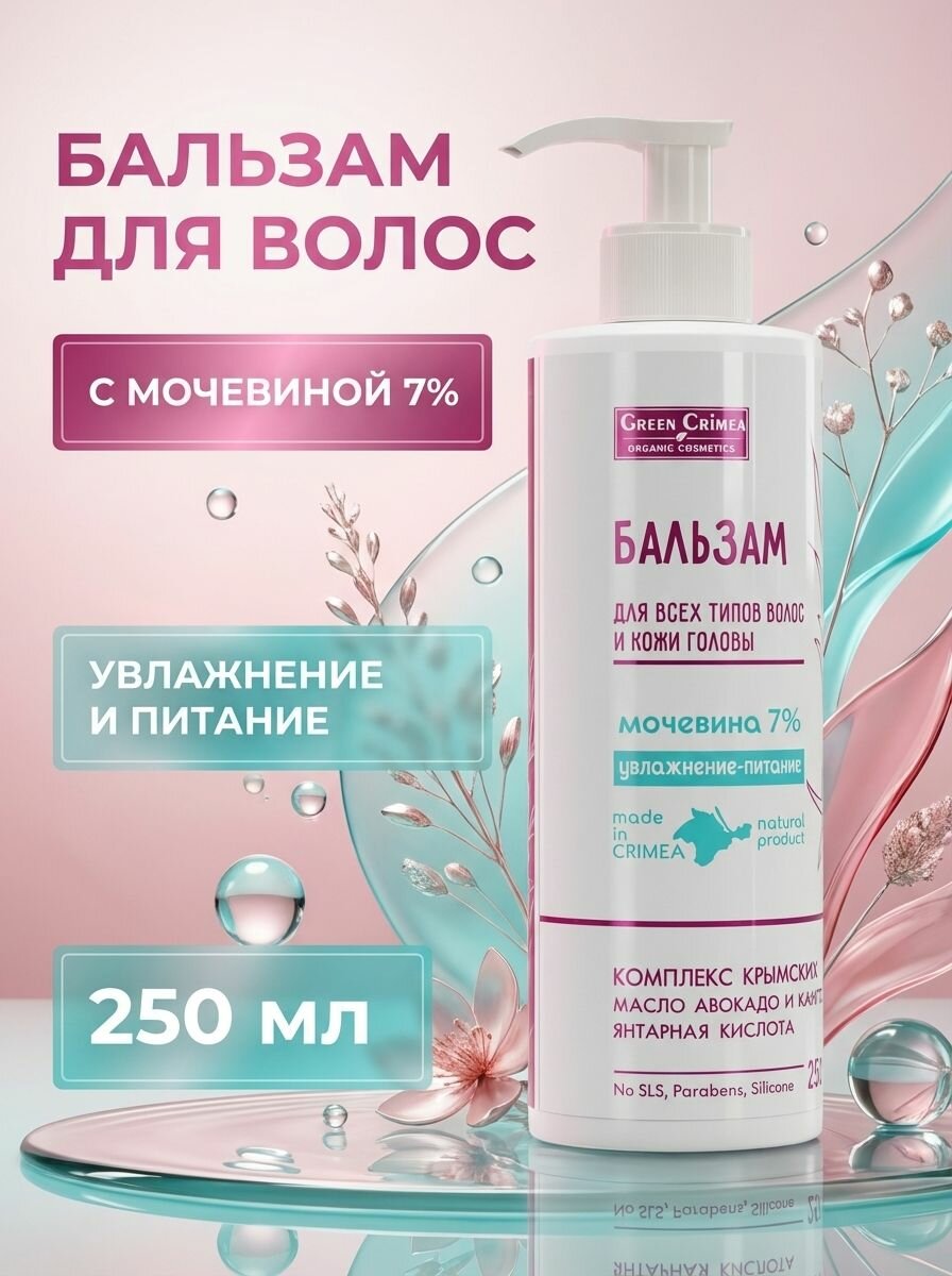 Бальзам для волос с мочевиной 7% Увлажнение и питание для всех типов волос и кожи головы с янтарной кислотой, 250 мл