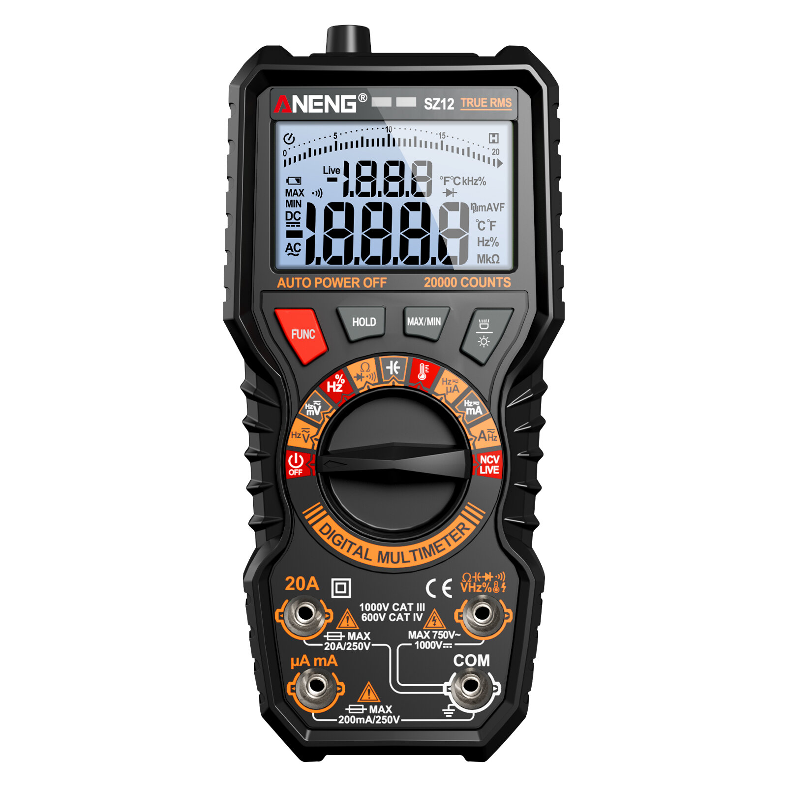 Мультиметр настенный ANENG SZ12 20000 counts для измерения тока AC/DC, напряжения, сопротивления, емкости, Hz, температуры, проверки диодов, контinuity, NCV, определения фазы, с LCD подсветкой, вес 351g, материал ABS, батарейки 1.5V AA*2 (без батарей)