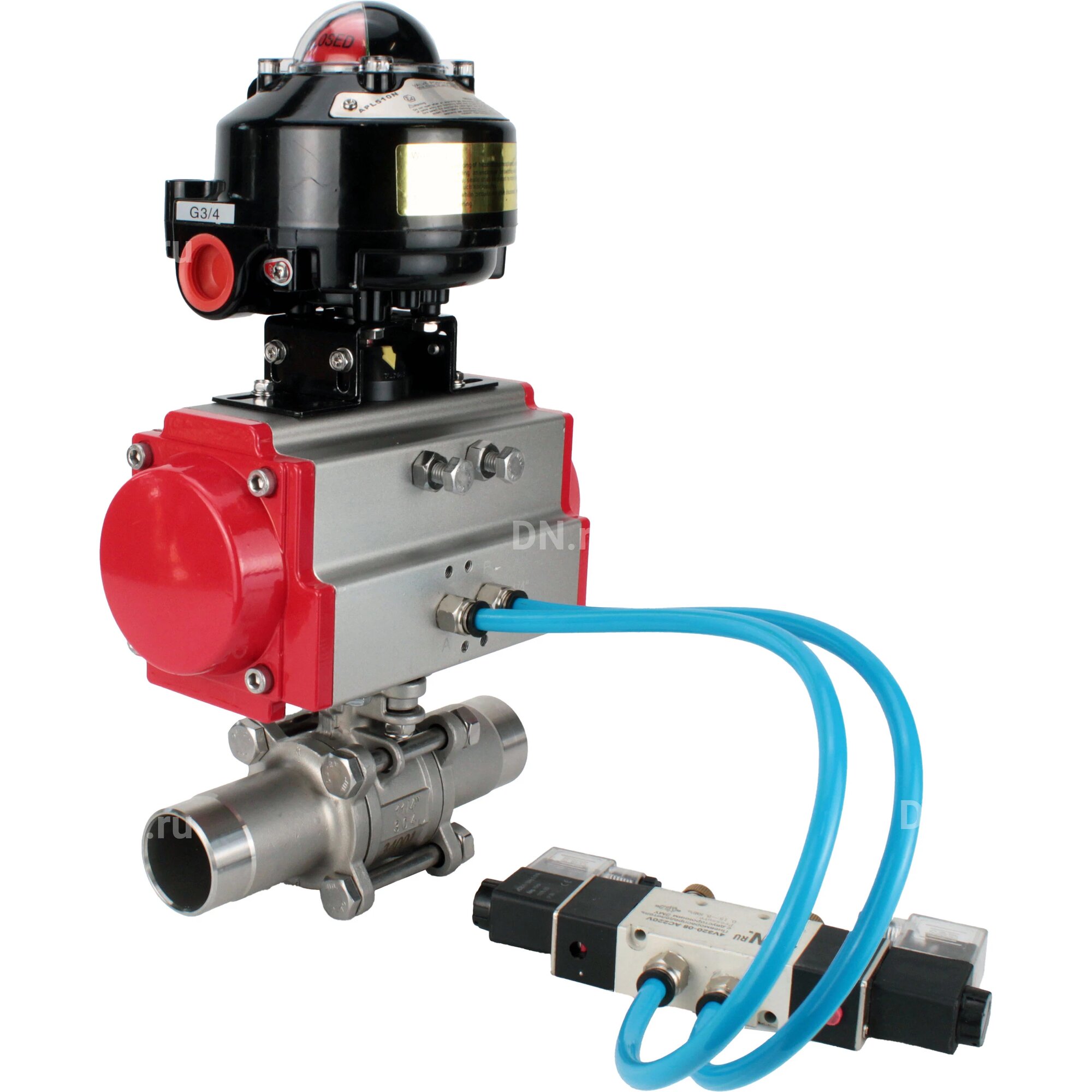 Кран шаровой DN.ru 304-304-PTFE-W-ISO-H Ду20 Ру63 полнопроходной, корпус - нержавеющая сталь 304, уплотнение - PTFE, под приварку, с пневмоприводом DA-065, пневмораспределителем PND1-S2EM-52-2-T10-220VAC и БКВ LSB-510-02ExM12-250