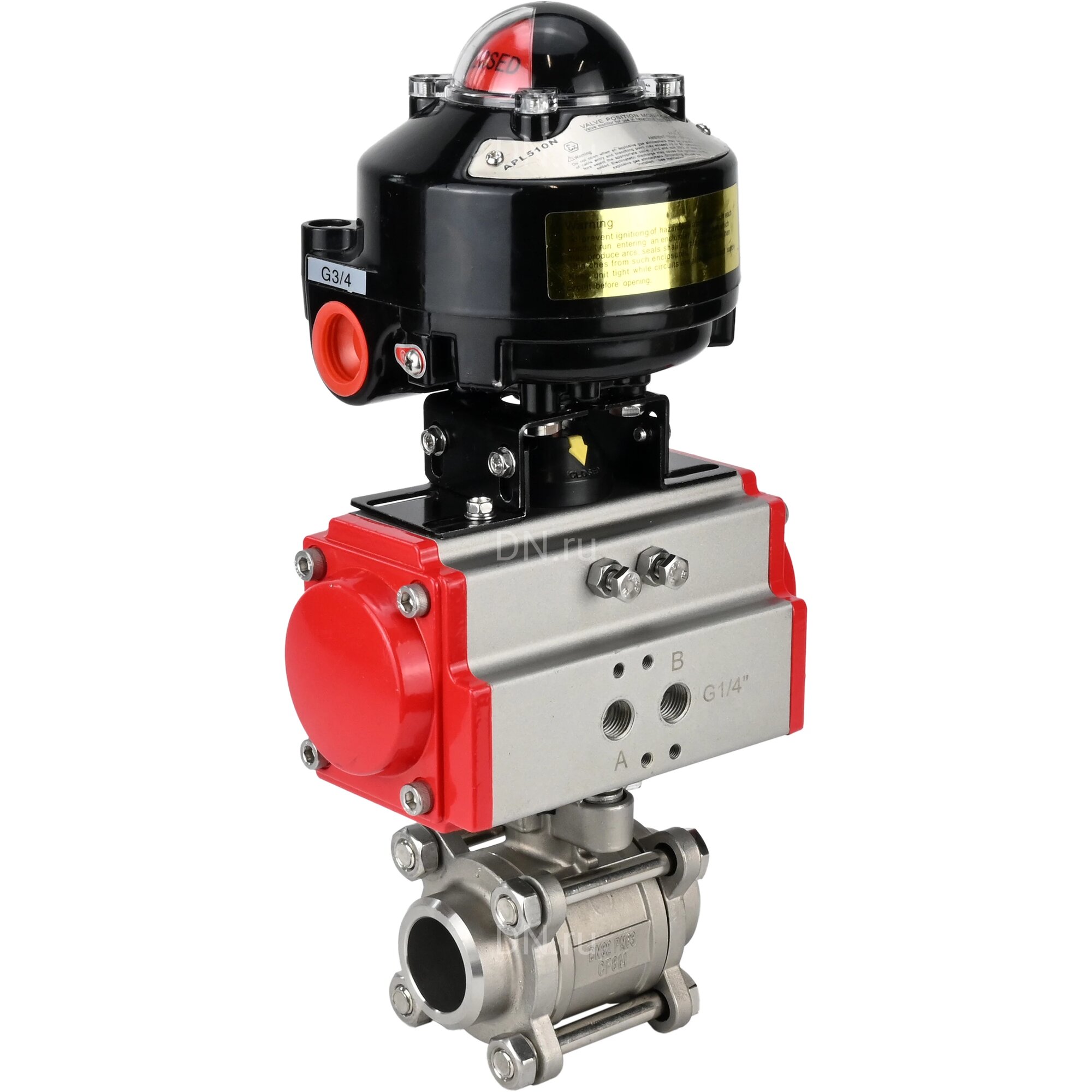 Кран шаровой DN.ru кшпп 316.200-ISO Ду15 Ру63 полнопроходной двухходовой, корпус - нержавеющая сталь SS316, под приварку, уплотнение - PTFE, с пневмоприводом SA-065 и БКВ LSB-510-02ExM12-250 (опрессовано)