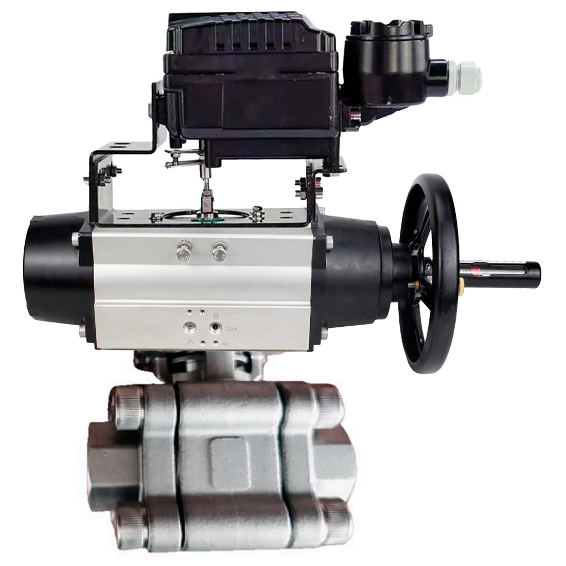 Кран шаровой DN.ru 316-316-PTFE-FP-SW-ISO-H Ду100 Ру63 полнопроходной, корпус - нержавеющая сталь SS316, под приварку, с пневмоприводом DA-105-1, электропневматическим поворотным позиционером EPRP1-NU-0-08 (опрессовано)