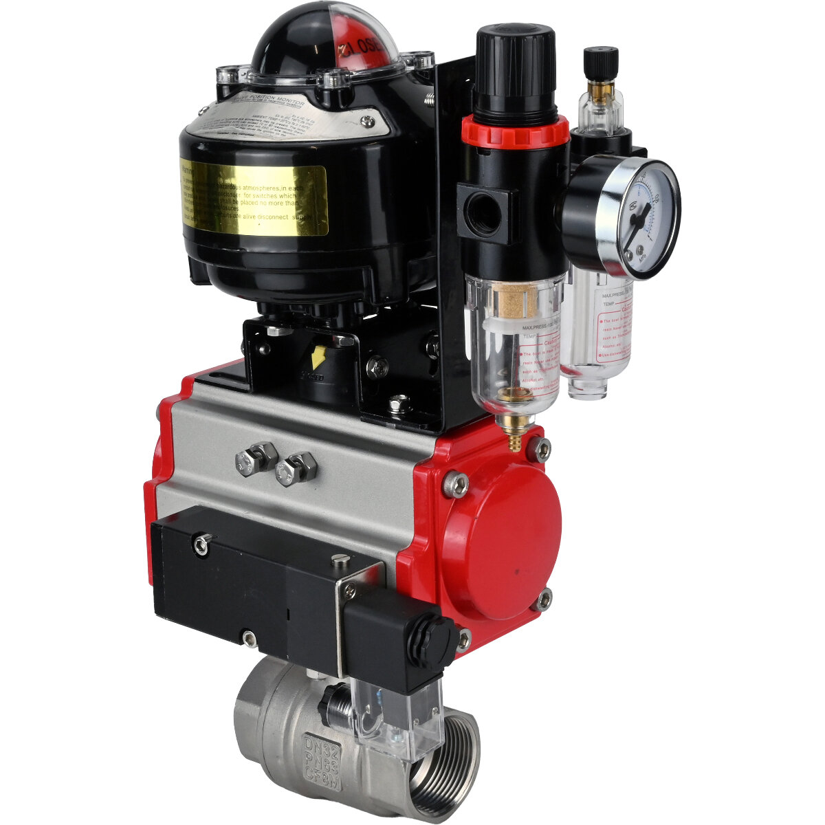 Кран шаровой DN.ru кшмп.316.230-ISO Ду100 Ру40 полнопроходной, внутренняя резьба, нержавеющая сталь 316, уплотнение - PTFE, с пневмоприводом SA-130, пневмораспределителем PND2-S1EM-52-1NC-J08-220VAC, БКВ LSB-510-02ExM12-250, БПВ APU1-10-40-V08