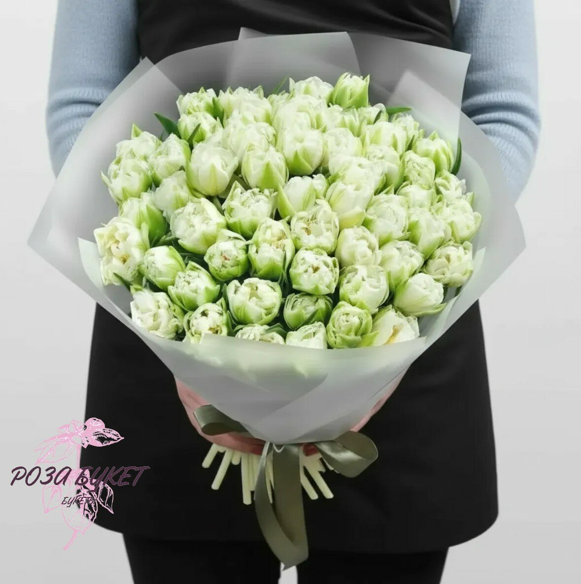 Букет цветов, из белых пионовидных тюльпанов, 51 шт. Долгий букет, Букет Тюльпанов. Красивый букет цветов, Премиум букет