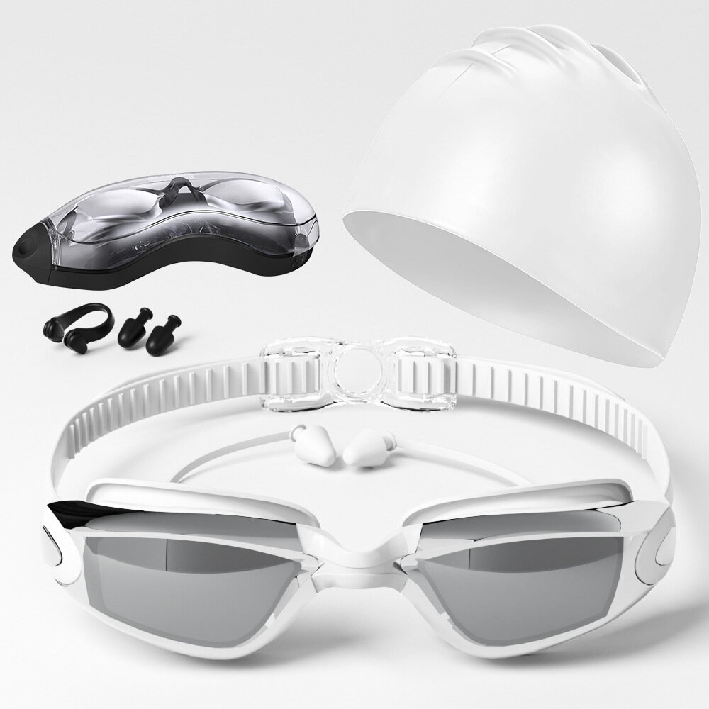 Набор популярных взрослых плавательных очков Amazon, HD водонепроницаемые, антизапотевающие, электролитически покрытые очки, шапочка для плавания, зажим для носа, беруши