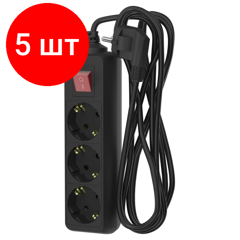 Комплект 5 штук, Удлинитель сетевой фотон 16-53ЕS, 5м, 3 р, 16А, с выкл, с заземл, Черный