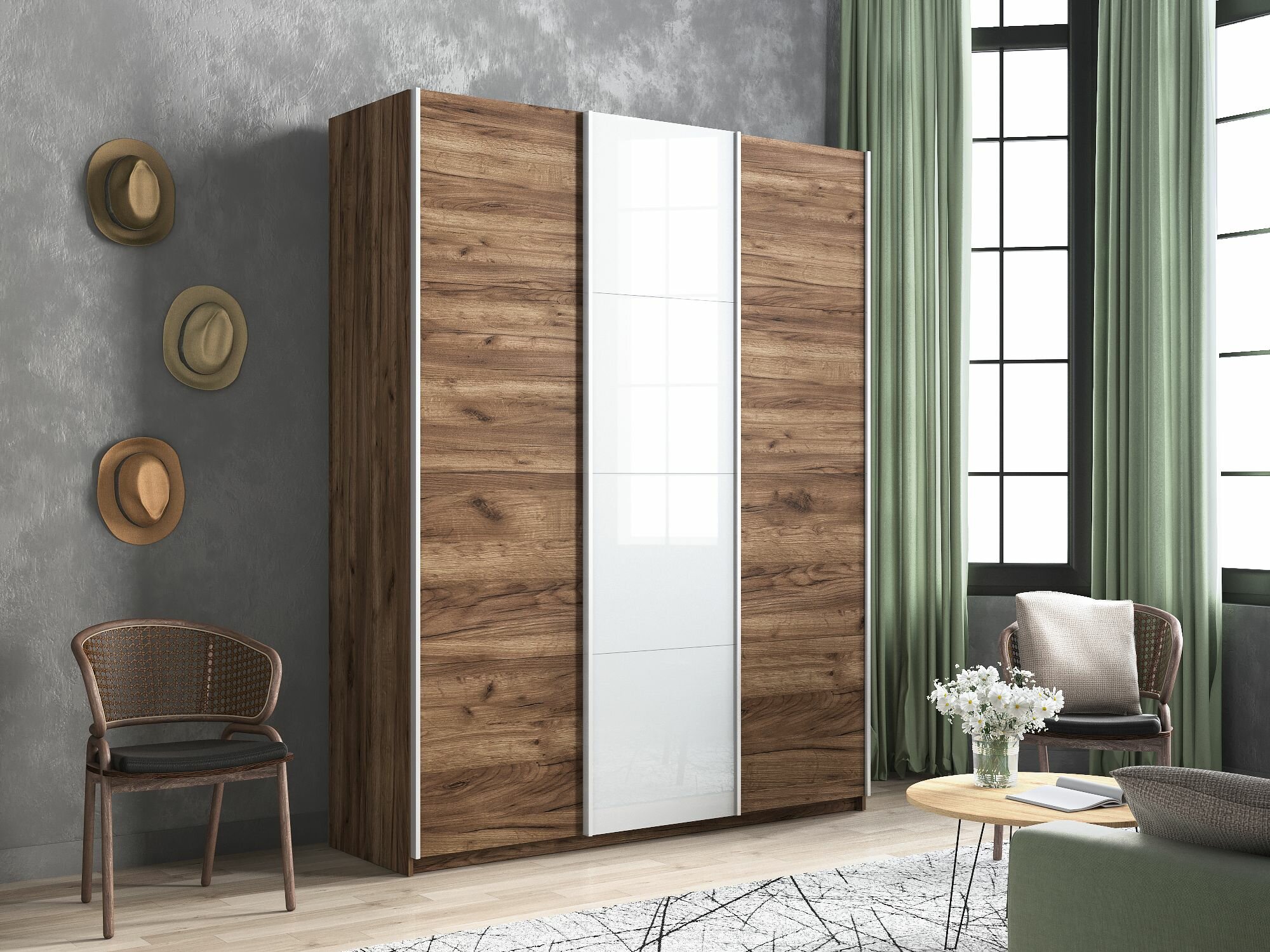 Шкаф-купе Билли 3-х дверный, (2 ДСП/Стекло бел.) 180х57х230 см. Крафт табачный