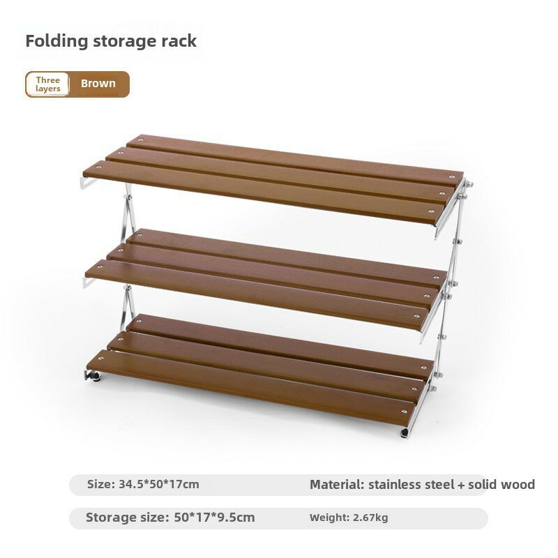 Outdoor Camping Three-layer Storage Rack Solid Wood Foldable Portable Camping Folding Table Mti-layer Mtifunctional Storage Table three layers-wood