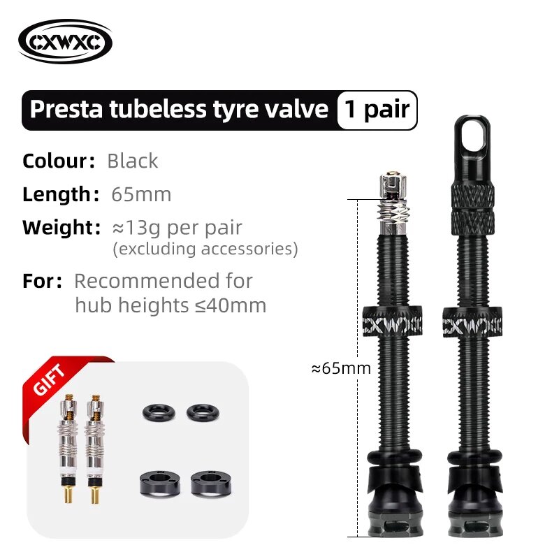 CXWXC Велосипедный бескамерный клапан Presta 45/65/85 мм Черный, 65mm black