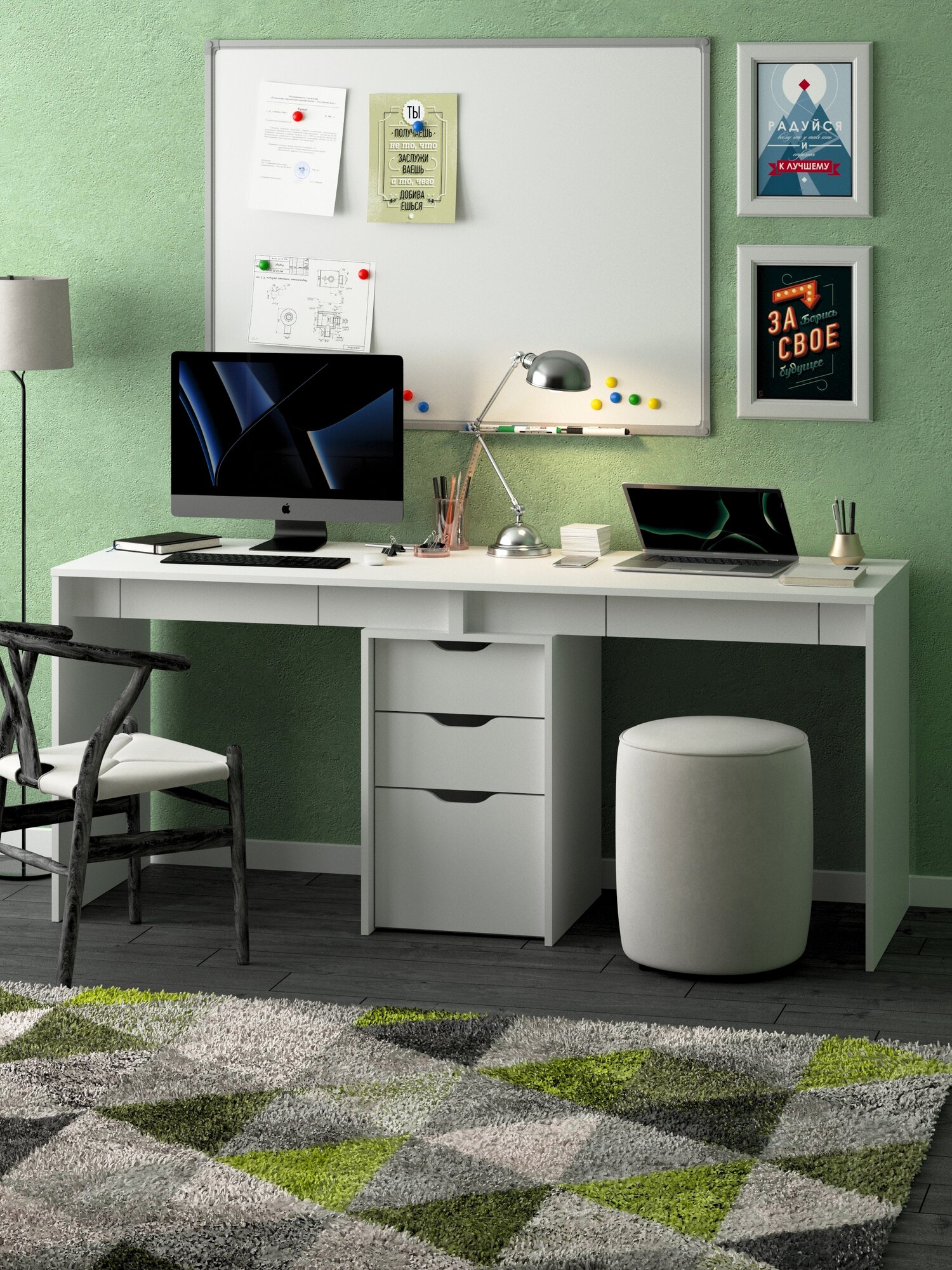 Есэндвич Grand Лаворо 5 Письменный стол для двоих, двойной, с тумбой 180х60х77 см (Белый)