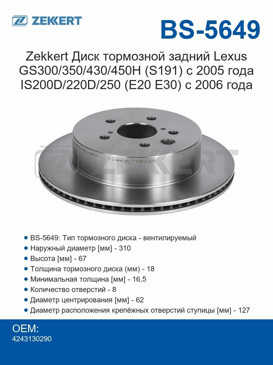 Zekkert Диск тормозной задний Lexus GS300/350/430/450H (S191) с 2005 года IS200D/220D/250 (E20 E30) с 2006 года