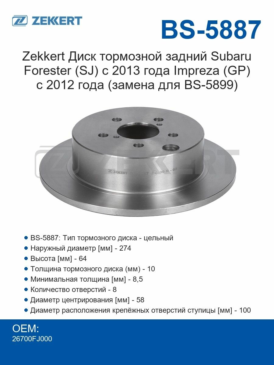 Zekkert Диск тормозной задний Subaru Forester (SJ) с 2013 года Impreza (GP) с 2012 года (замена для BS-5899)