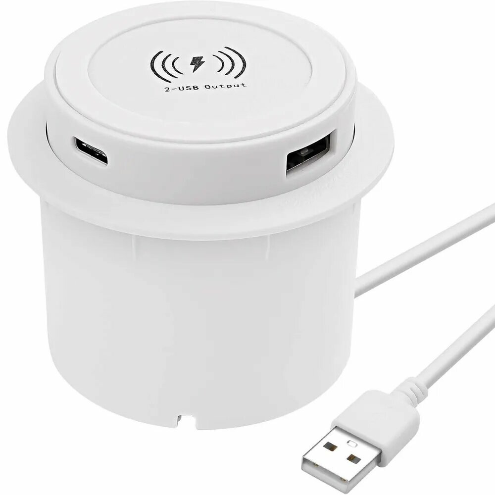 Встраиваемая беспроводная зарядка , выдвижная, 15Ватт, порты USB и USB-C, в стол, столешницу
