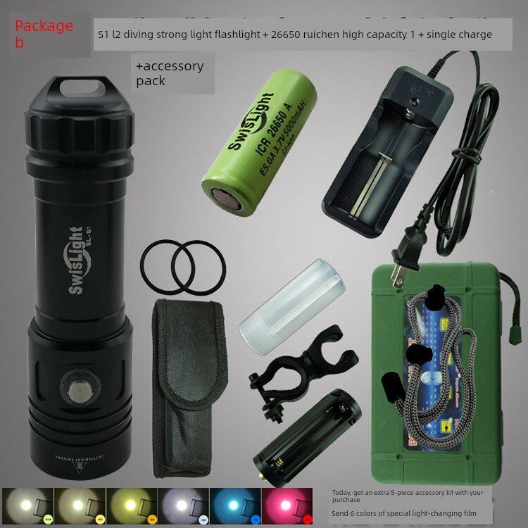 10 Вт водонепроницаемый фонарь с батареей 26650 и одиночным зарядным устройством, длительная работа 20000 мАч