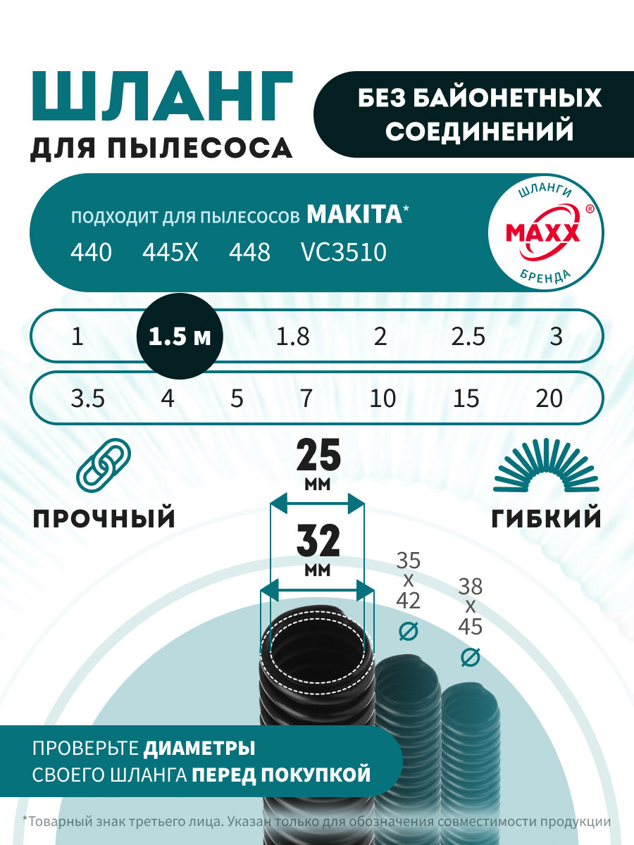 Шланг гибкий для пылесоса MAKITA 440, 440(7), 445X, 445X(6), 448, 448(6), VC3510, 3510(7) 1.5 м