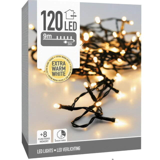 Светодиодная гирлянда Koopman Comfort 9 м, 120 экстра теплых белых LED ламп, зеленый ПВХ, контроллер, таймер, IP44, Koopman (Купман), AX8453120