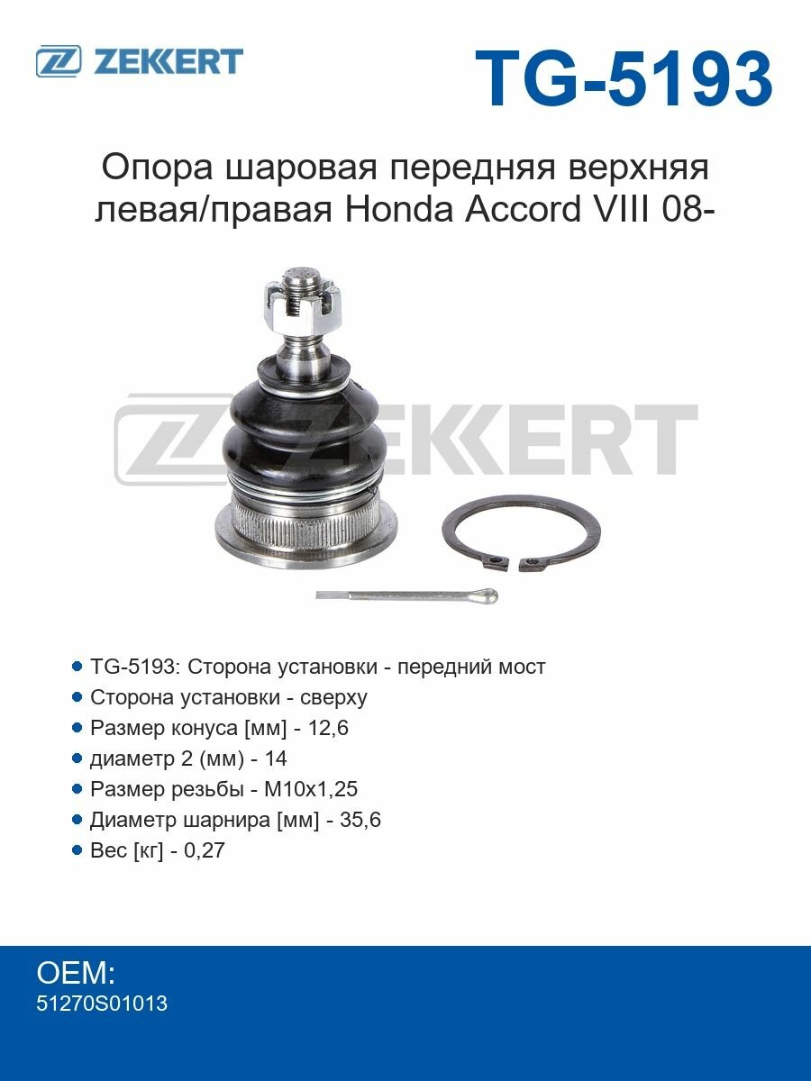 Zekkert Опора шаровая передняя верхняя левая/правая Honda Accord VIII с 2008 года