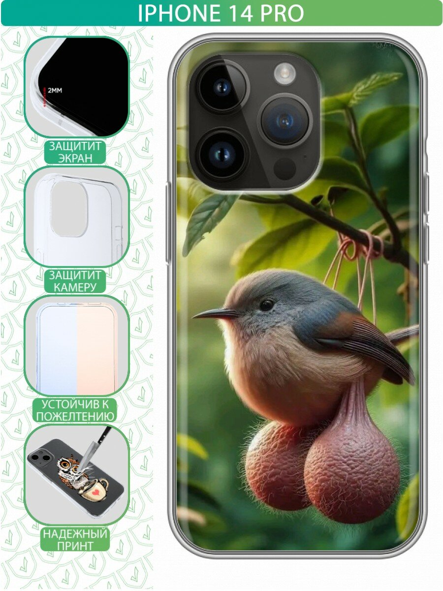 Чехол для Iphone 14 Pro с принтом смешная птица с яйцами (Айфон 14 Про)