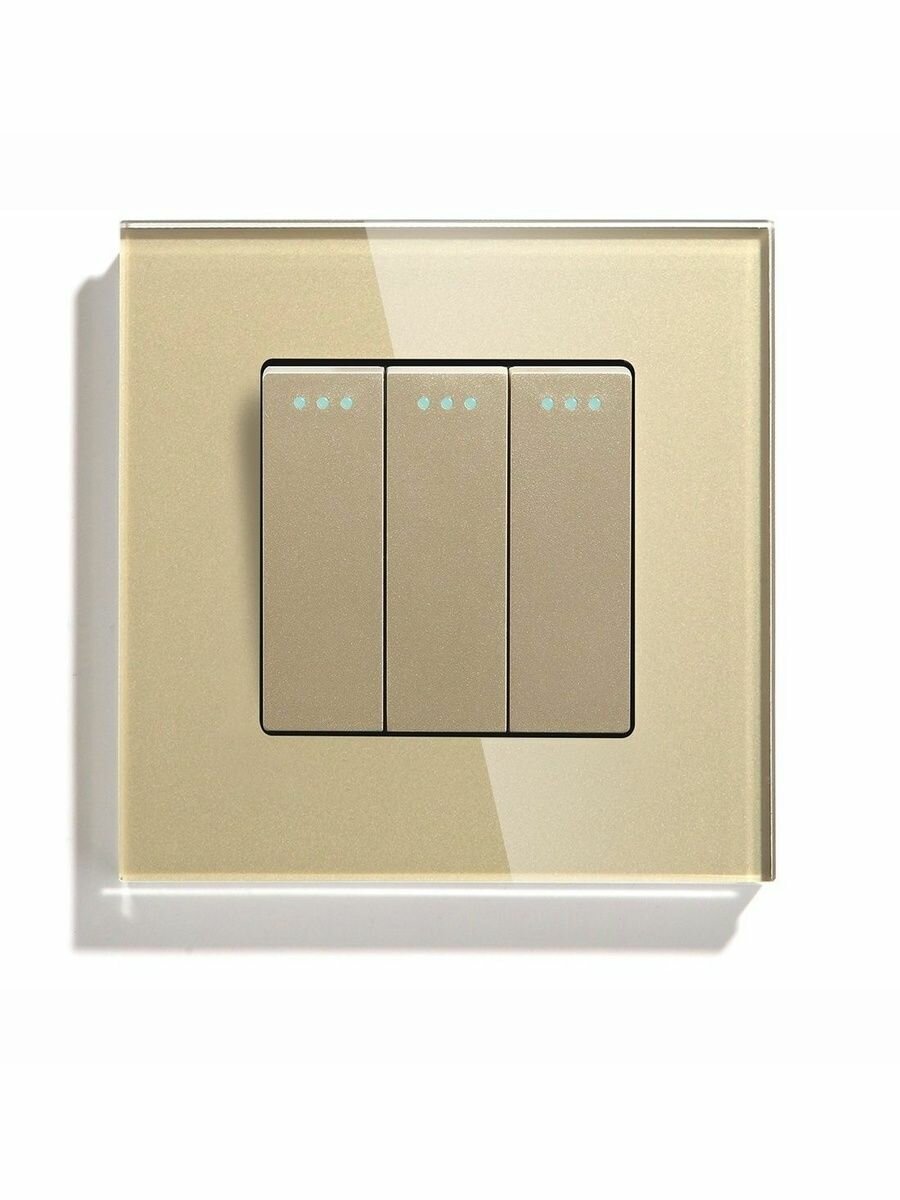 Выключатель трехклавишный,1 пост, рамка стекло 86х86 мм цвет бежевый (золотой)