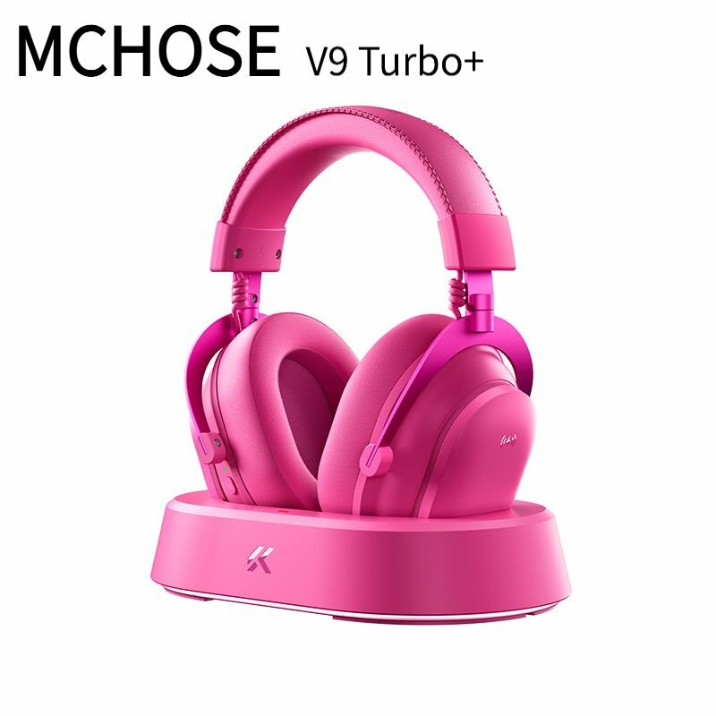 MCHOSE V9 Turbo+ Беспроводные игровые наушники (Bluetooth/2.4G/USB-C), 2000mAh Емкость аккумулятора, С микрофоном, RGB-подсветка-розовый-Наушники