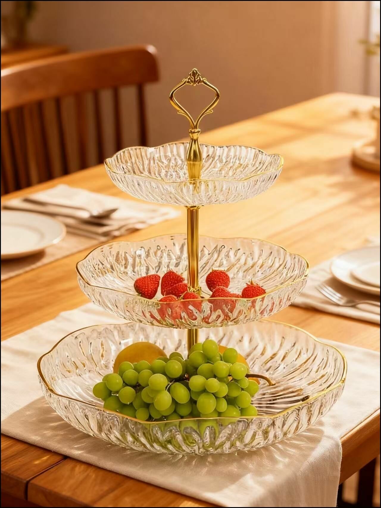 Фруктовница, 3 яруса, антискользящее дно, прозрачная, из прозрачного стекла, 34см
