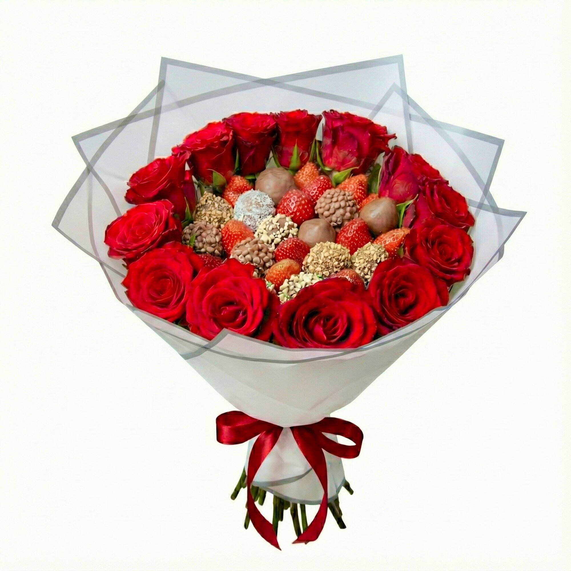 Букет из клубники в шоколаде "Роуз" с красными розами 11 шт. и 19 ягод