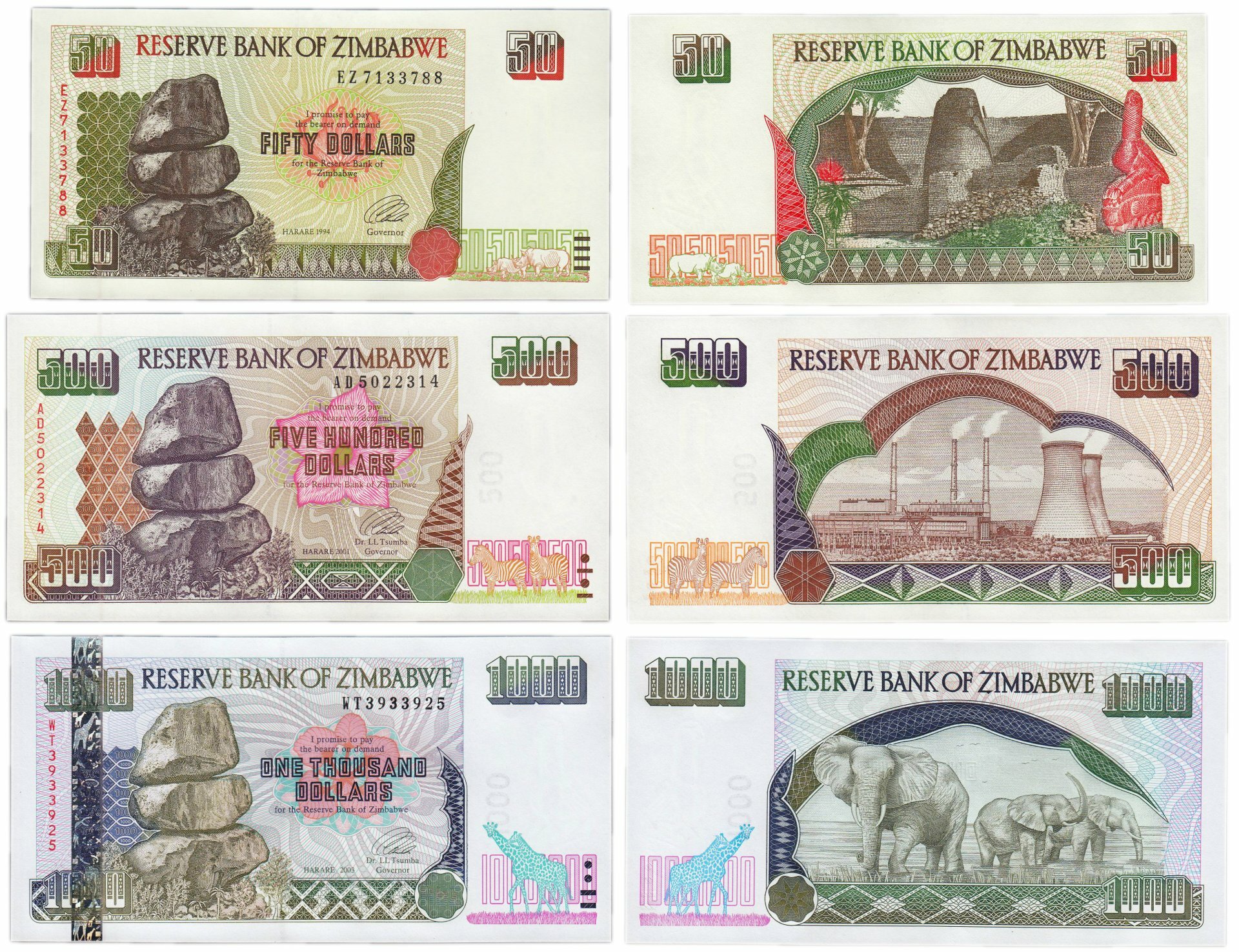 Зимбабве набор из 3 банкнот 50, 500, 1000 долларов 1994-2003