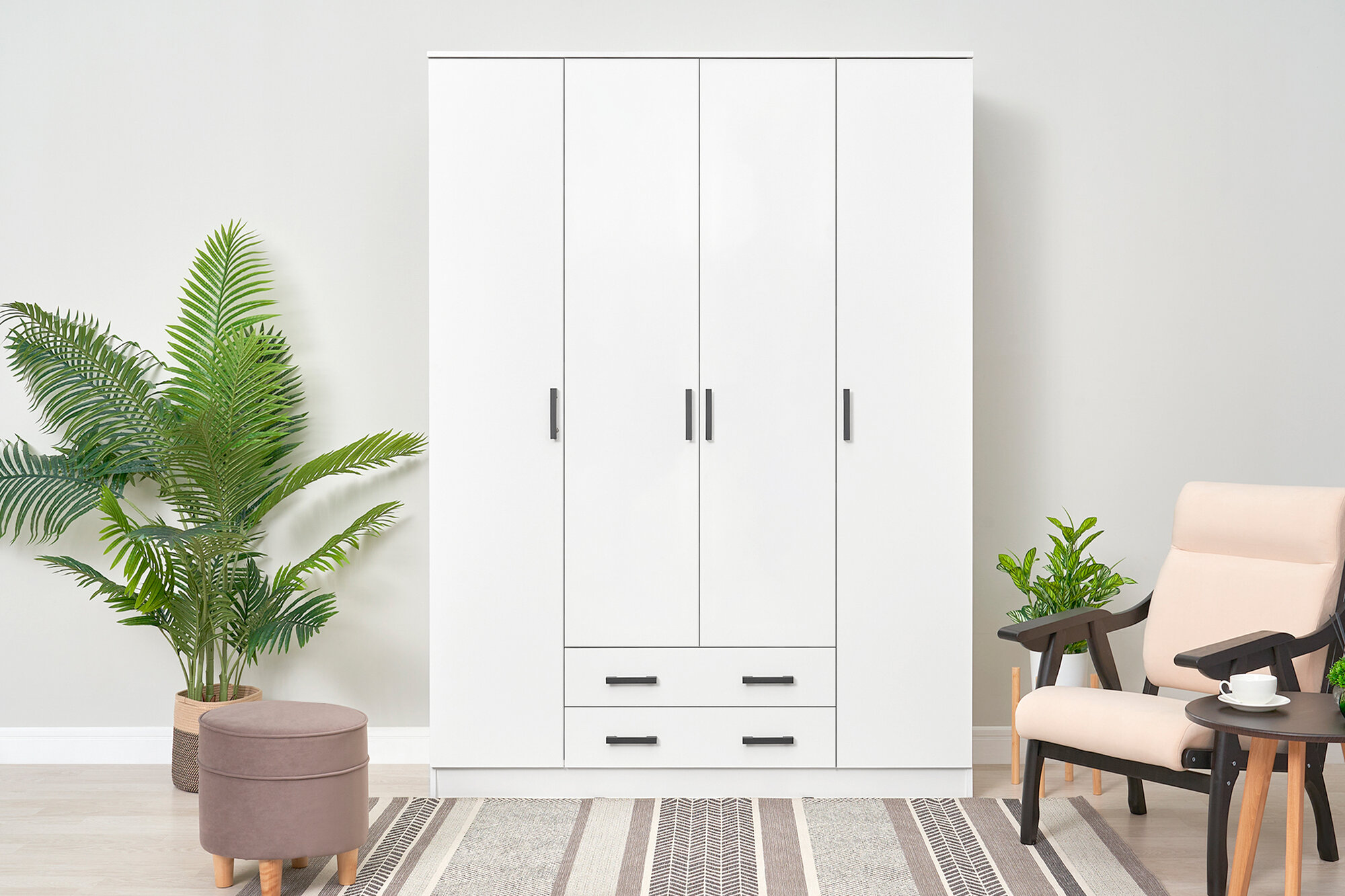 Шкаф четырехстворчатый, 10 полок, 1 штанга, 2 ящика, Квадро, 160х220х48.7 см, ЛДСП, Белый