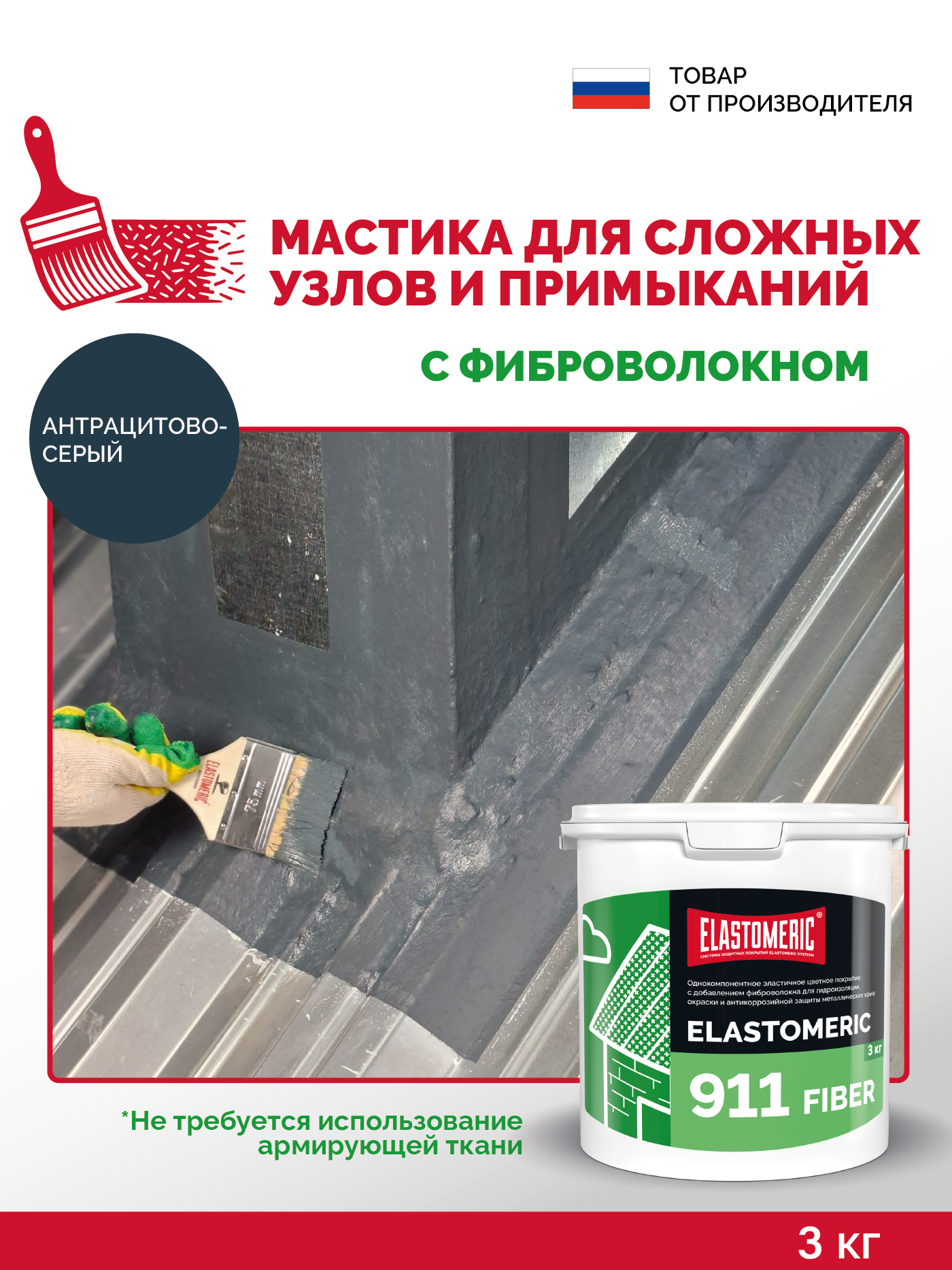 Гидроизоляция примыканий с фиброй, мастика для кровли и швов, замена ленты примыкания, антрацитово серый, 3 кг