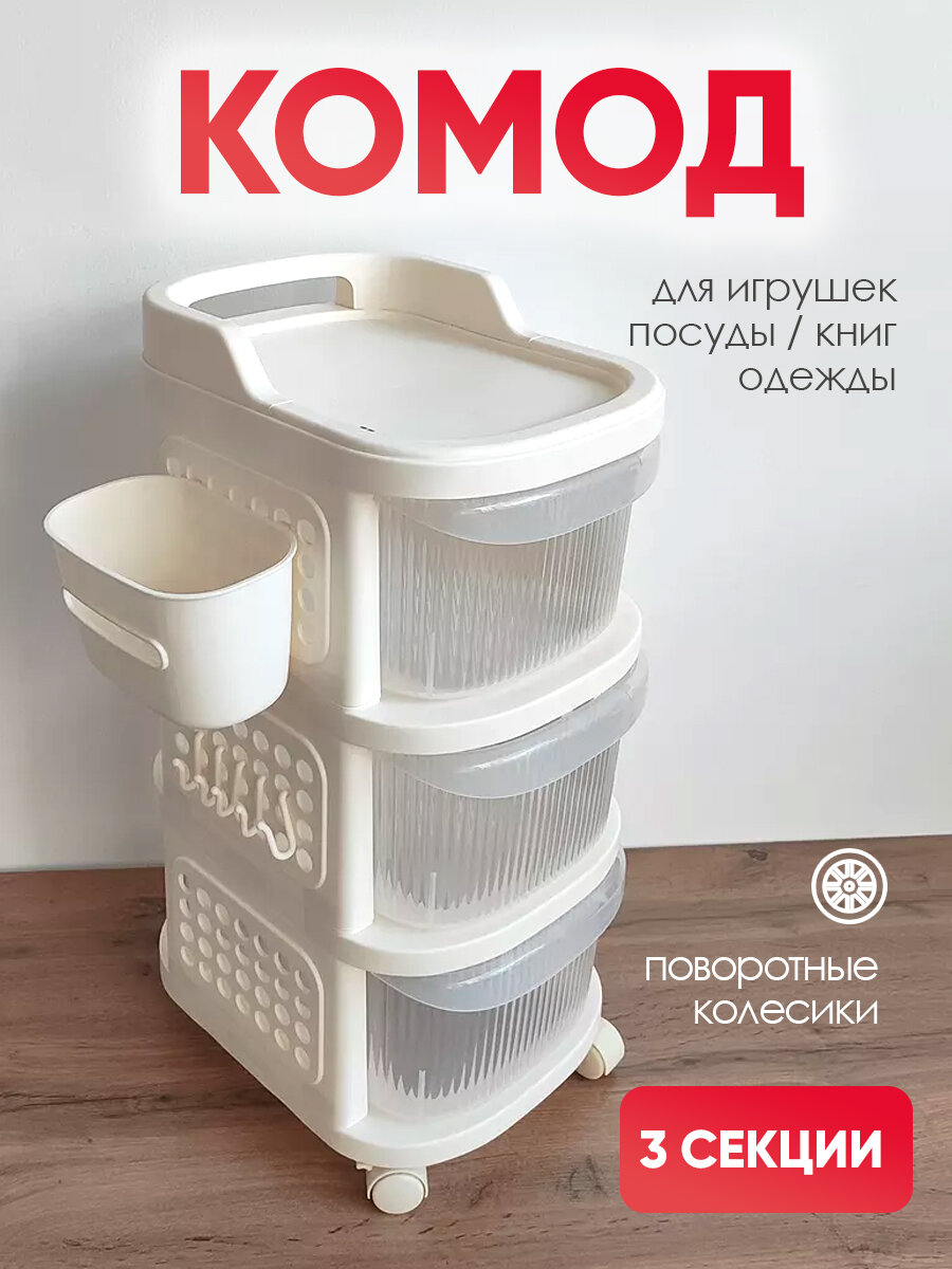 Комод пластиковый 3 секции с выдвижными корзинами на колесах