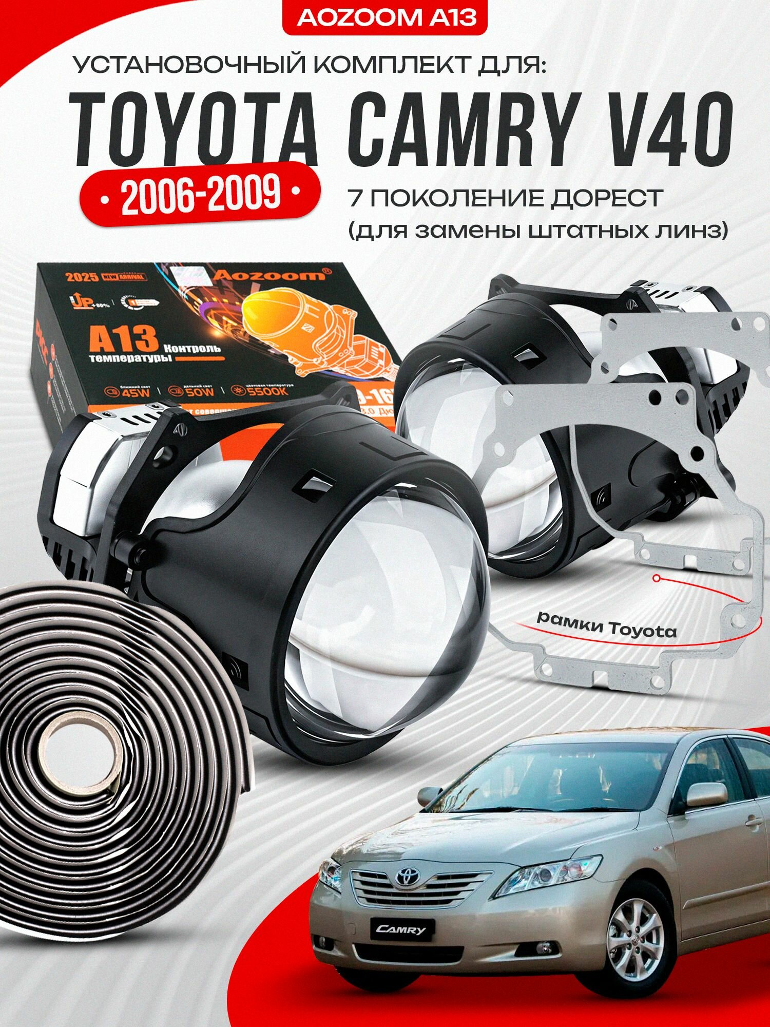 Светодиодные линзы Aozoom A13 BI-LED для Toyota Camry V40 2006-2009 / Комплект линз в фары на Тойота Камри В40