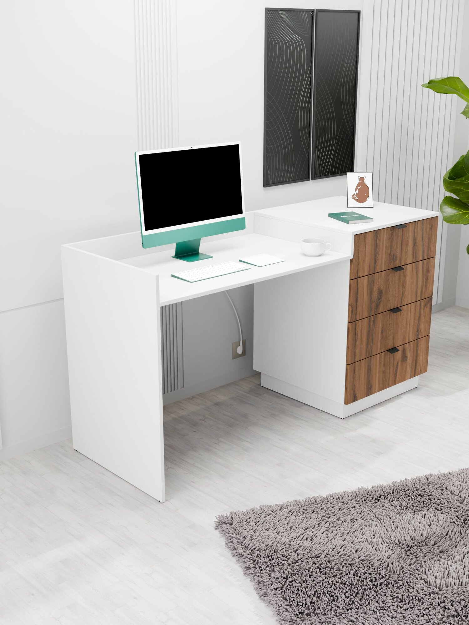 Изумлит Стол письменный для офиса и дома Бридж 163.2х86.6х60 см, корпус белый/ фасад дуб крафт табачный