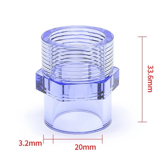Прозрачные фитинги для труб из ПВХ 20/25/32/40/50/63 мм синего цвета 20mm