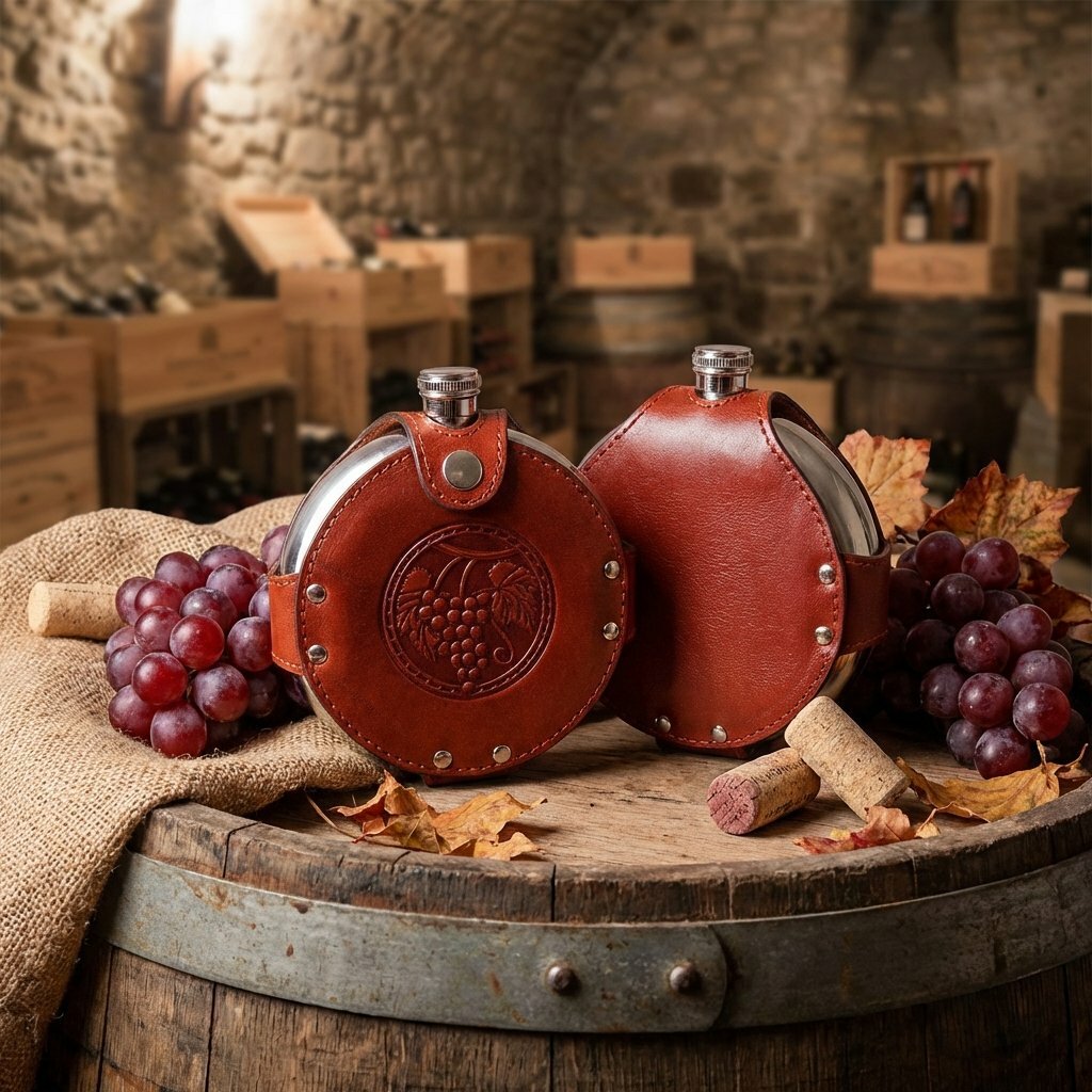 Фляга круглая 0,24 л. в чехле из натуральной кожи 545ФК-КТ