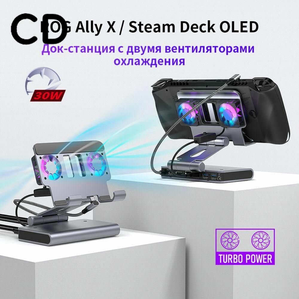 Steam Deck, док-станция ROG Ally X, два вентилятора охлаждения с HDMI 4K @ 60 Гц, 3 порта USB3.2 5 Гбит/с, зарядка PD 100 Вт и скорость 1000 Мбит/с. dh