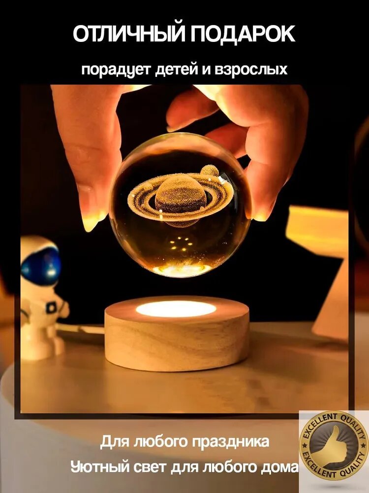 Ночник шар Сатурн светодиодный шар Сфера 3D эффект от USB, мягкий свет, не утомляет глаза, для детей и взрослых — фото 1