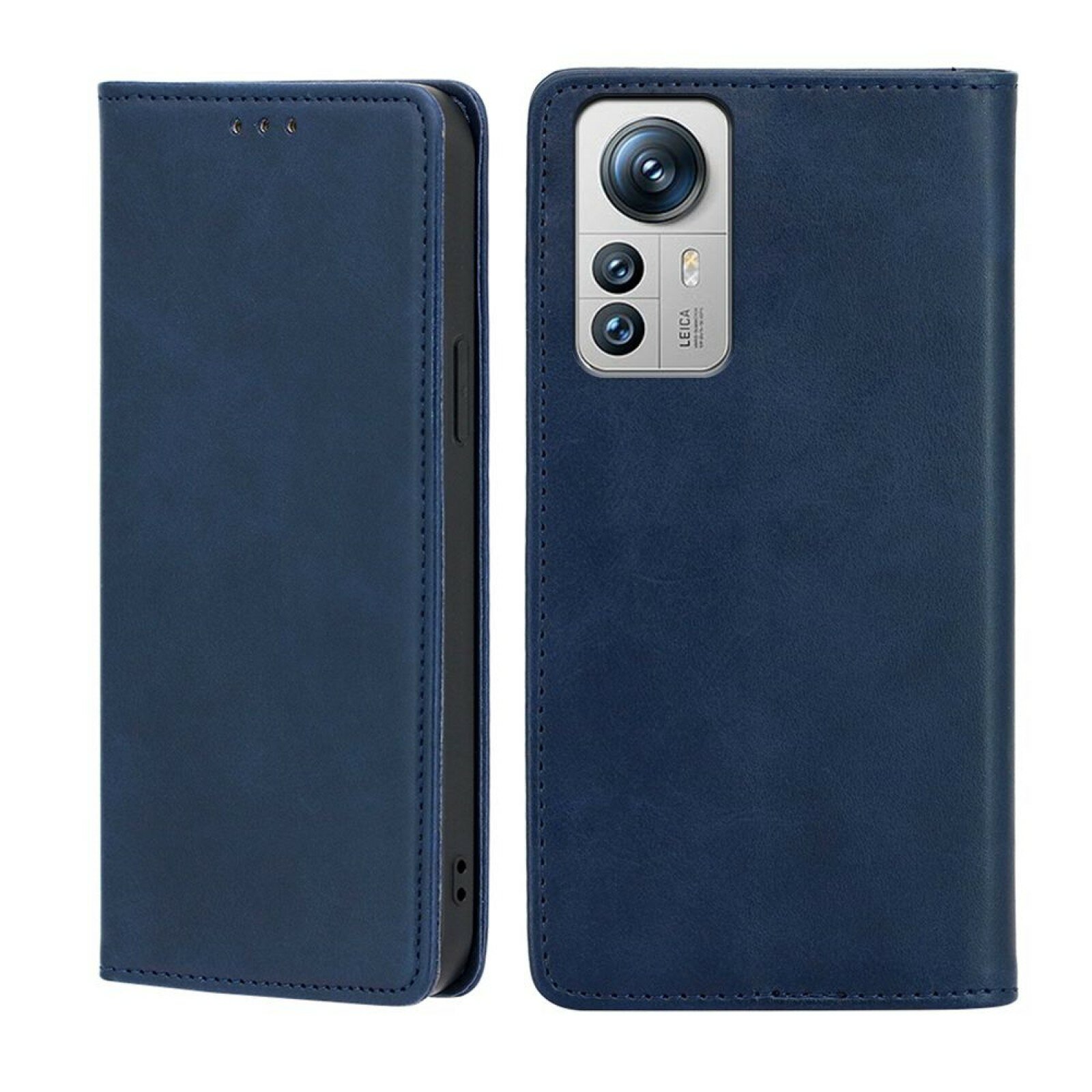Чехол-книжка MyPads для Xiaomi 12 Pro / 12s Pro из натуральной телячьей кожи с магнитной застежкой, синий