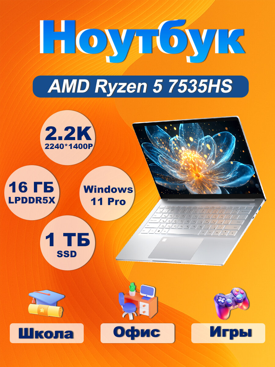 Ноутбук Ninkear S14 14” 2.2K IPS AMD Ryzen 5 7535HS 16 ГБ DDR5 + 1 ТБ SSD Русская клавиатура Windows 11 Pro