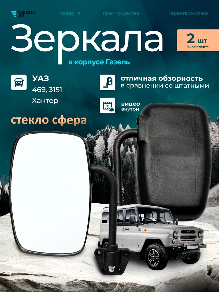 Зеркала УАЗ Хантер, 469, боковые "Газель", большое, Сфера
