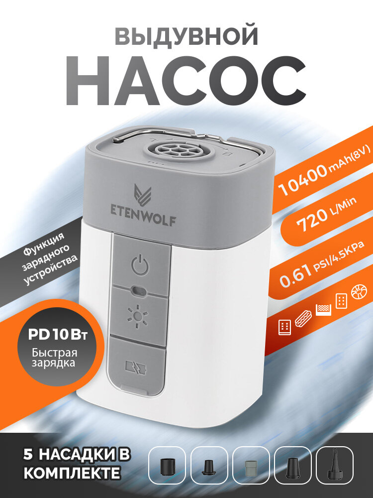 Электрический воздушный насос ETENWOLF AIR 5 PRO,720 л/мин 4X Quick 10400 мАч